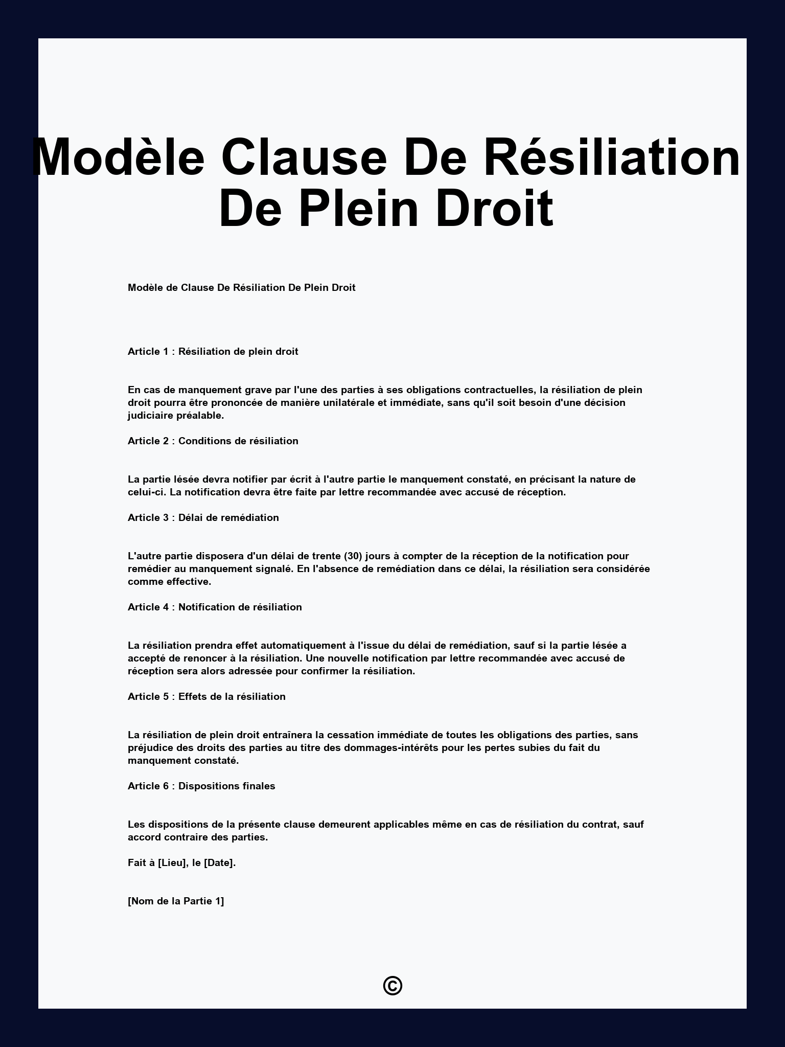 Modèle Clause De Résiliation De Plein Droit